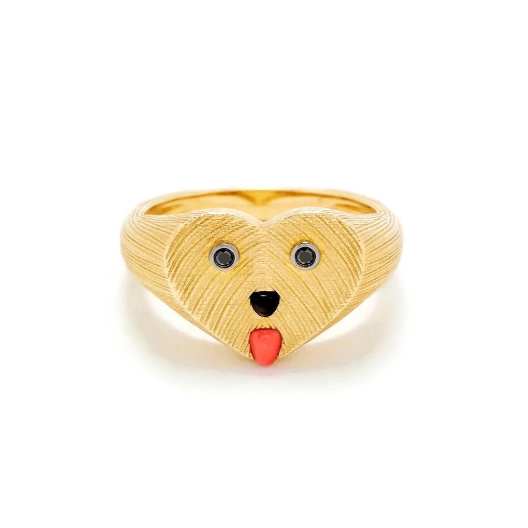 Yvonne Léon - Mini Dog Signet Ring with Coral, Onyx and Black Diamonds ...